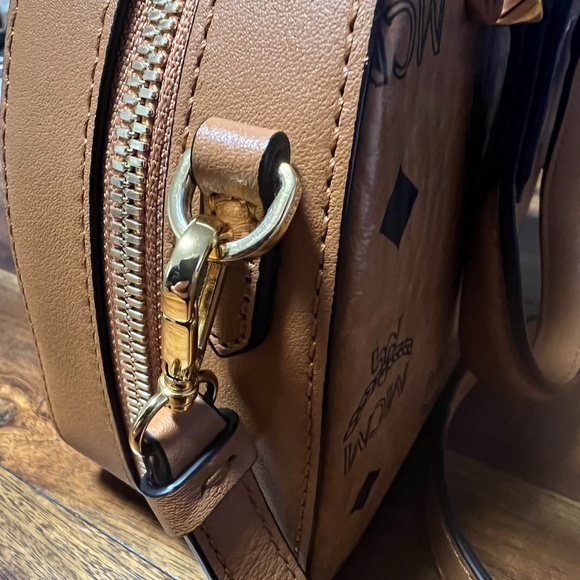 MCM | Bags | Rare Mcm Signature Cognac Diamond Logo Leather Mini Round ...